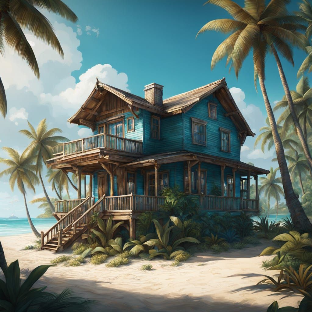 Run-down Beach House - Tropical Paradise Beach Scene in Stun...