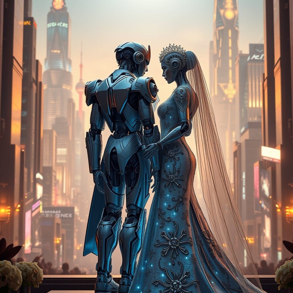 robots wedding - Majestic Robot Bride and Groom in Futurist...