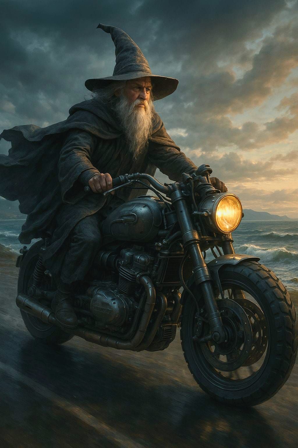 A wizard riding a futuristic motorcycle. CryEngine seascape dieselpunk ...