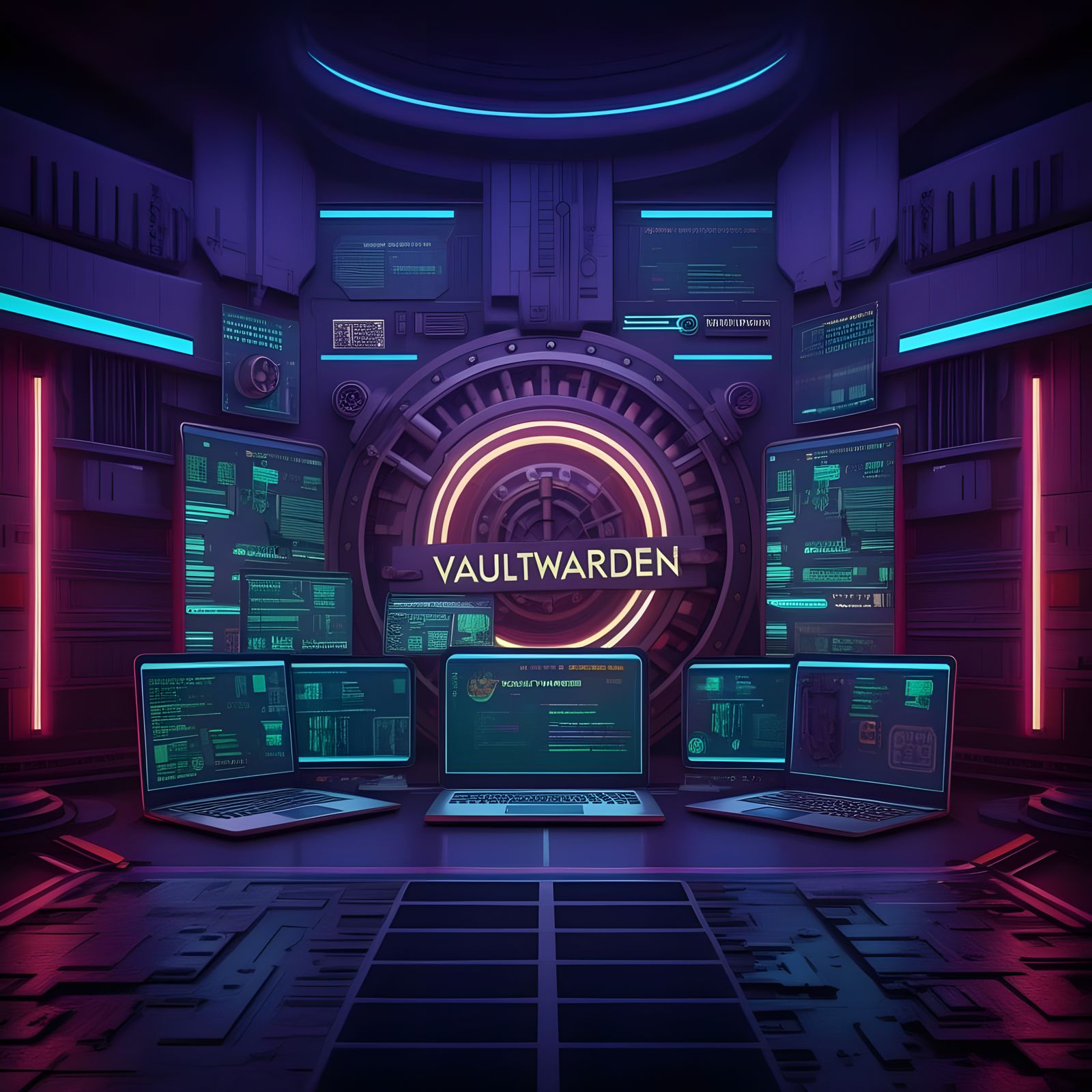 Cyberpunk Vault with Vaultwarden Sign - AI Art