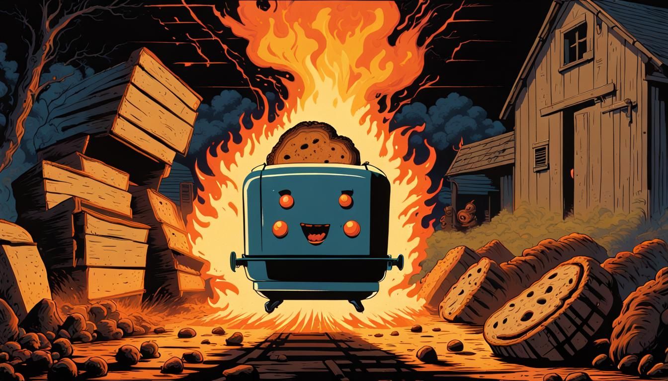 The Evil Toaster chases the Bread through the burning barn III - AI ...