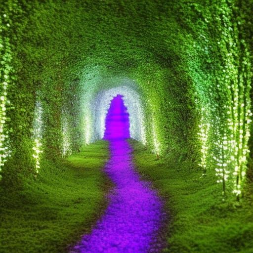 Enchanted vivid Green Tree tunnel with candles on either side, placed ...