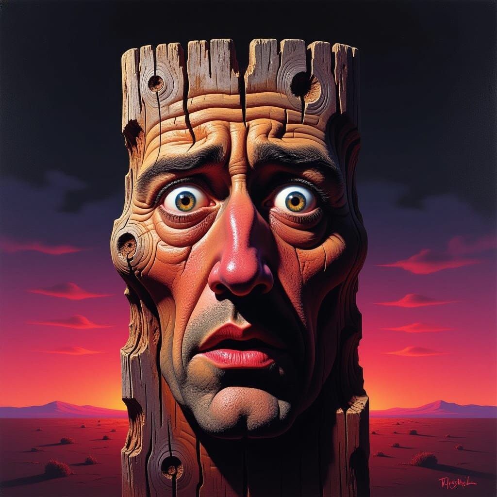 Surrealist Wood Landscape with Startled Expression - AI Art