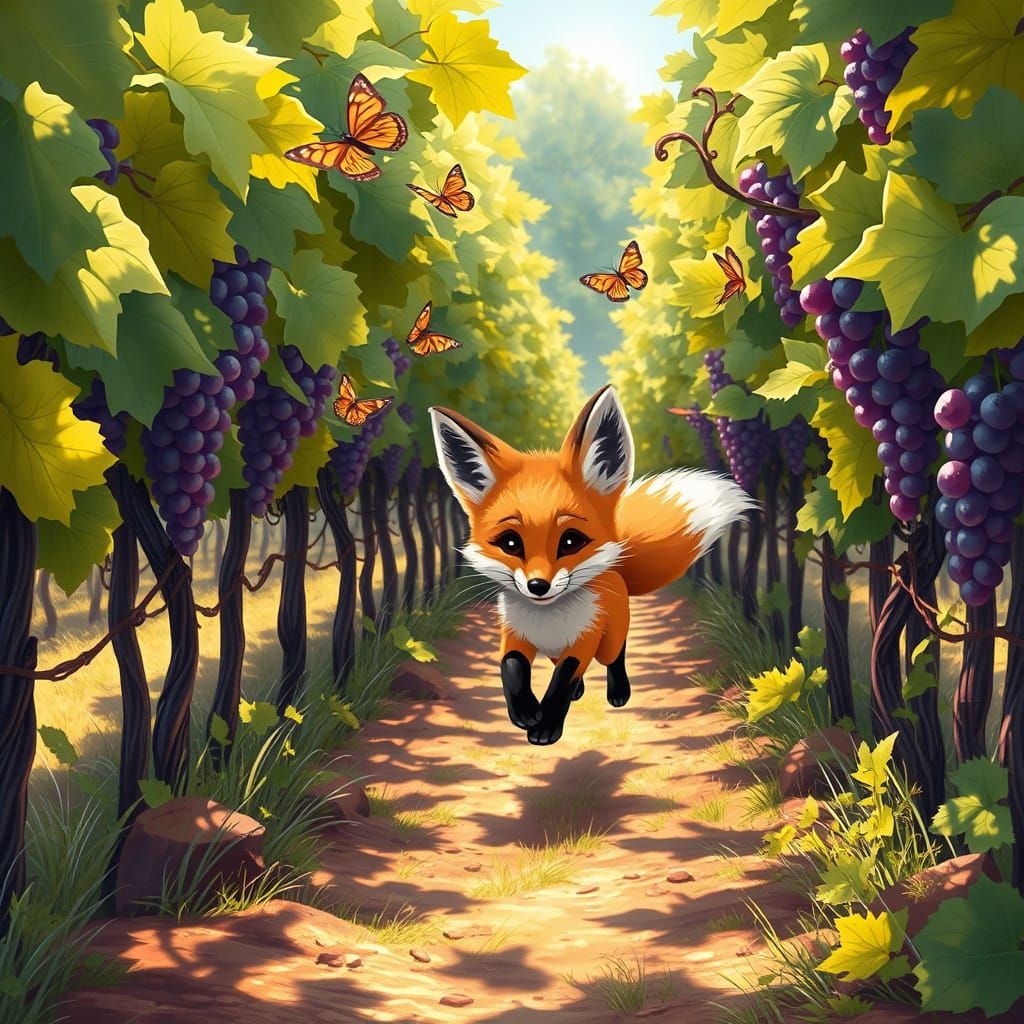 A cute fox frolics amidst the grapevines in a sun-drenched vineyard ...