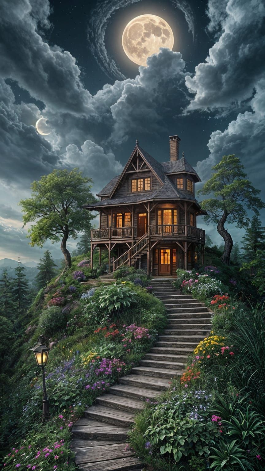 Charming Wooden Haven Under Moonlit Skies - AI Art