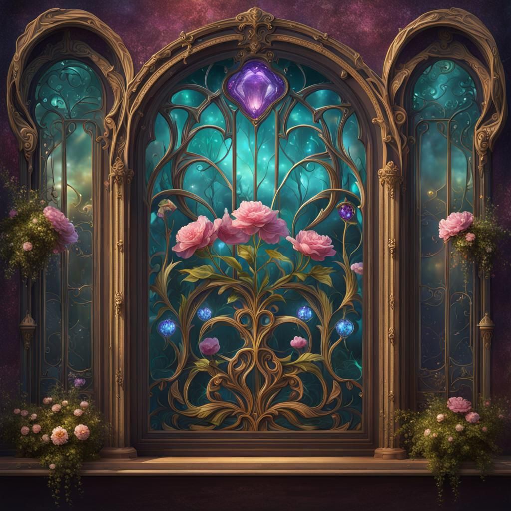 Art nouveau magic window jeweled floral - AI Generated Artwork ...