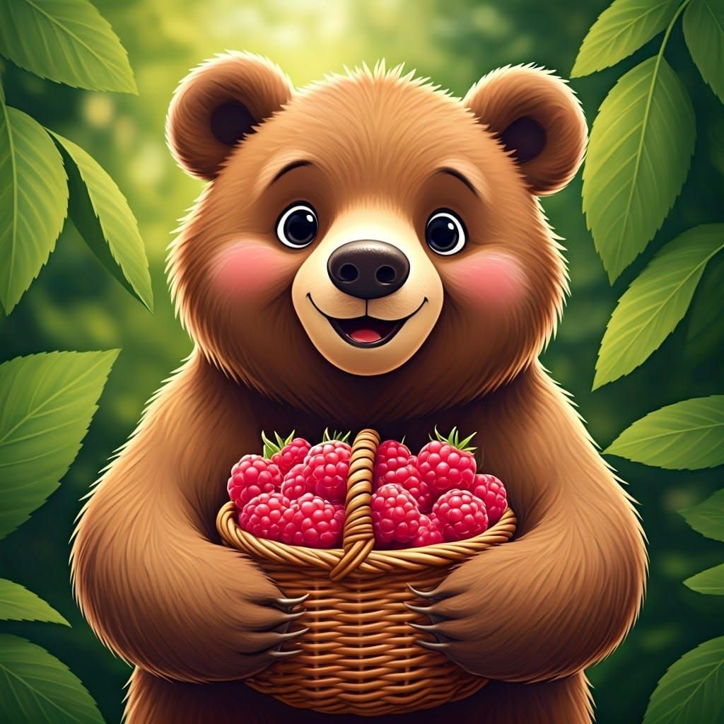 My freshly picked raspberries - Whimsical Bear in a Forest o...