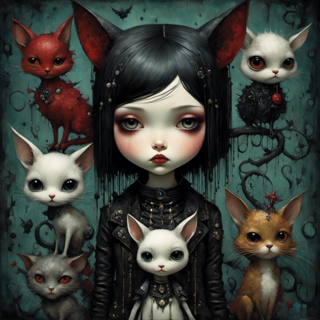 A pouty goth punk girl with freckles and adorable chibi little monsters ...