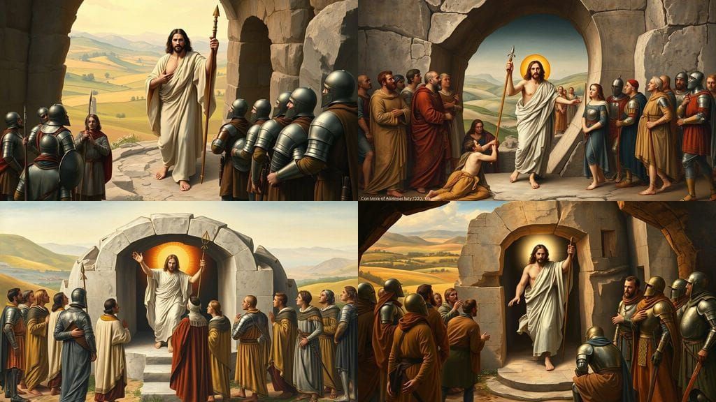 Jesus Christ Emerging from an Empty Tomb in a Sere... - AI Art
