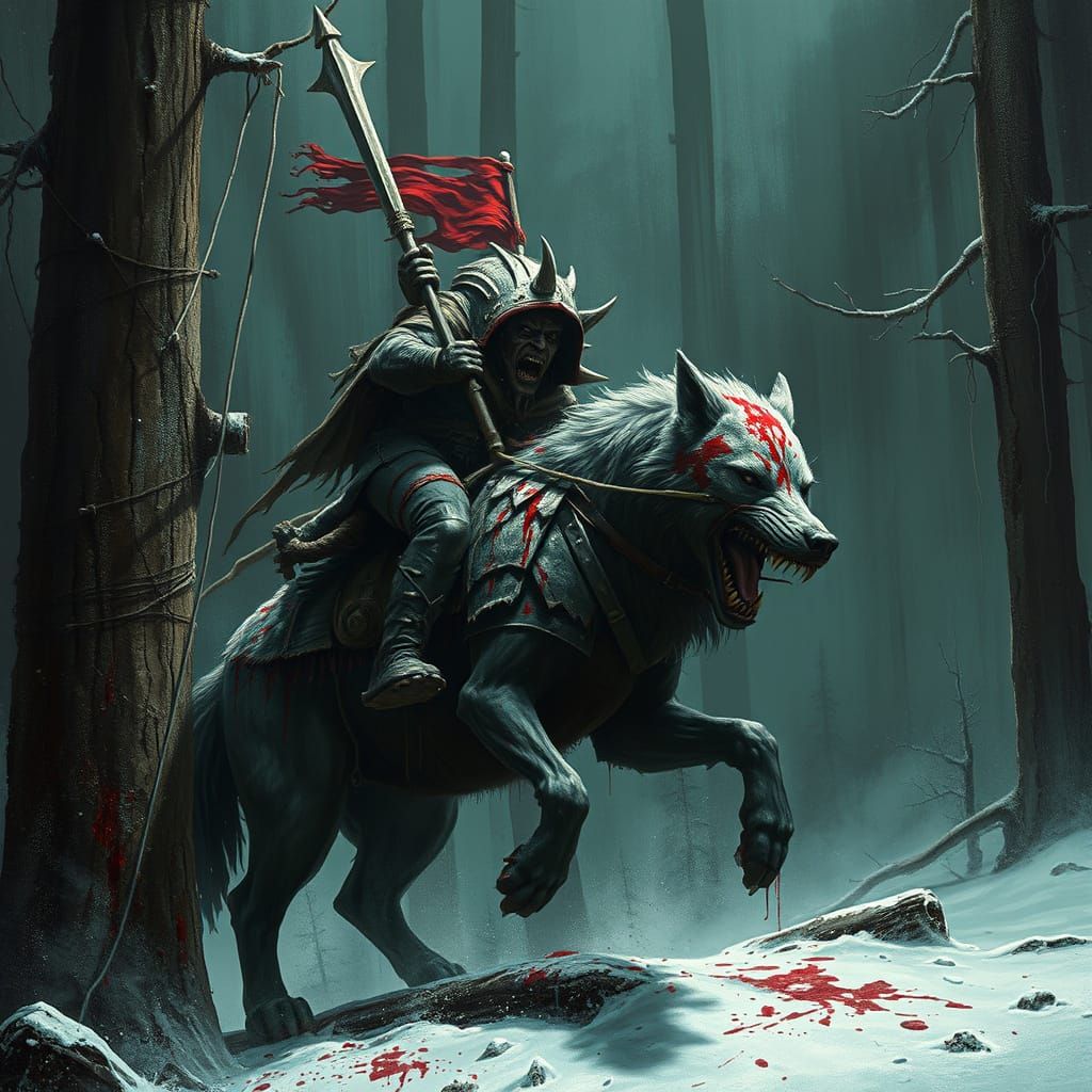 Dark Fantasy Ork on Timber Wolf in Full Armor - AI Art