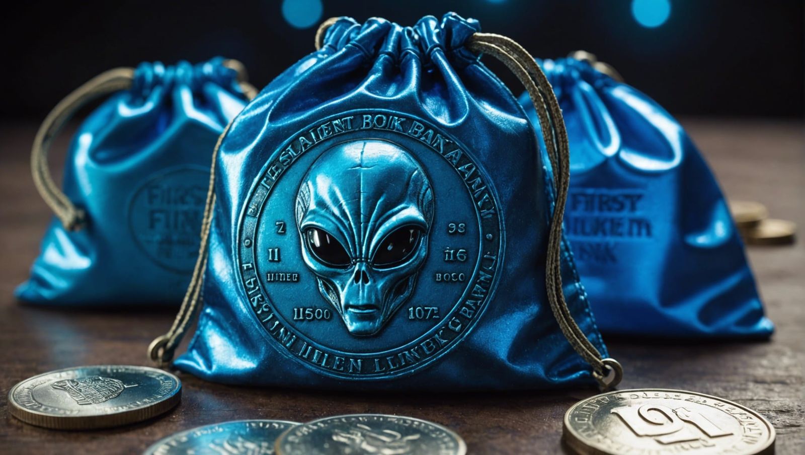 Vintage money coin bags with the text ‘First Alien Bank’ can be seen ...