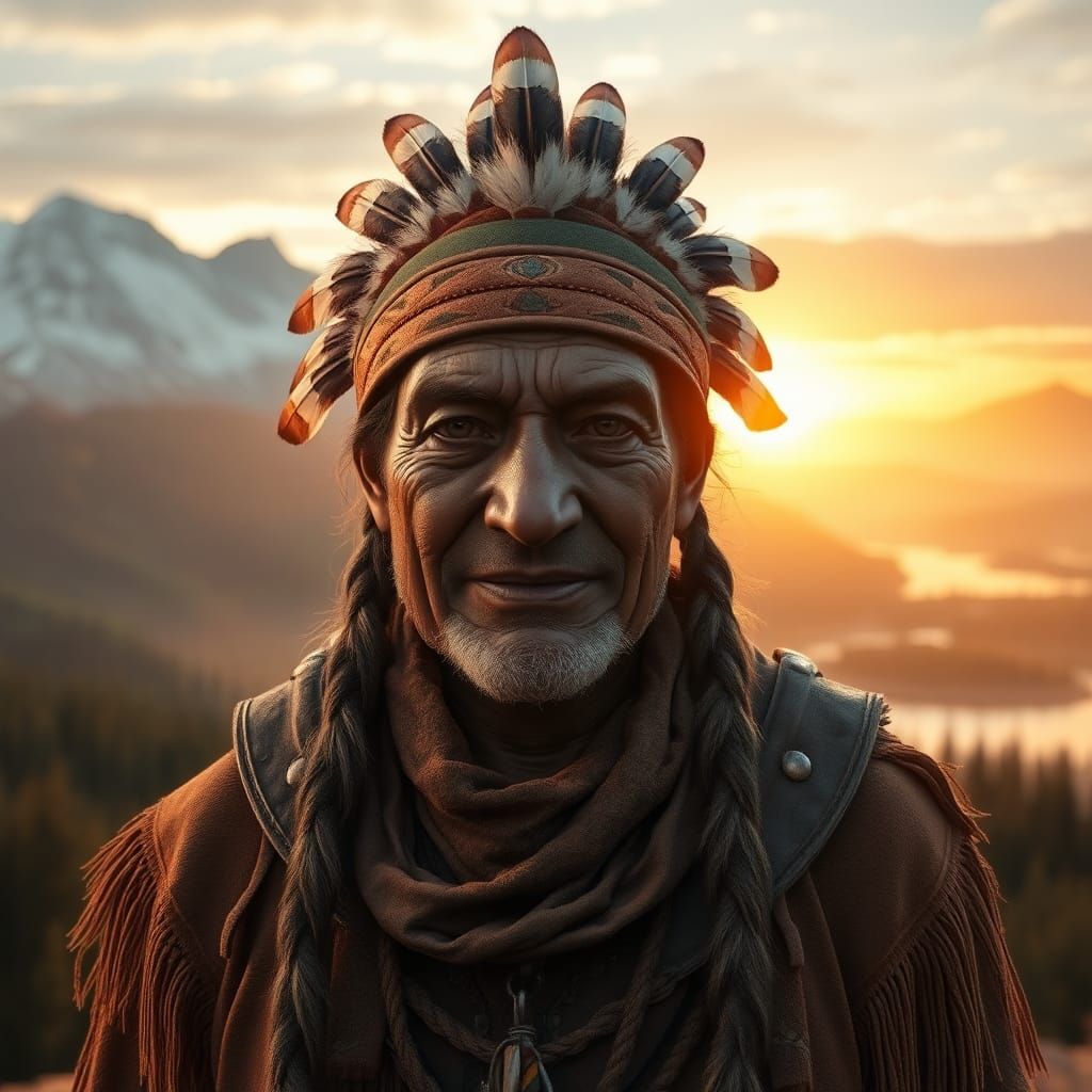 Vertical (9:16) Draw a photorealistic portrait image of a Native ...