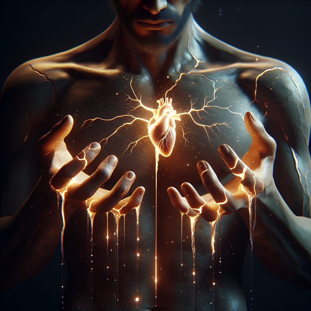 close-up torso portait of a man pouring his love from his heart into ...