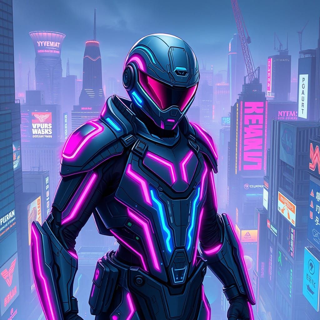 Cyberpunk Warrior in Futuristic Exosuit, Neon City... - AI Art
