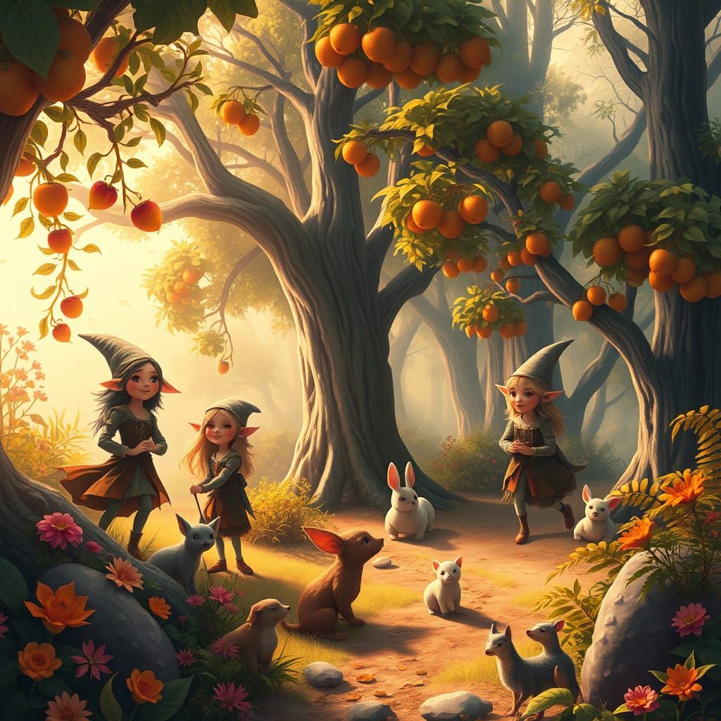 Whimsical Elves Frolic in Enchanted Forest at Suns... - AI Art