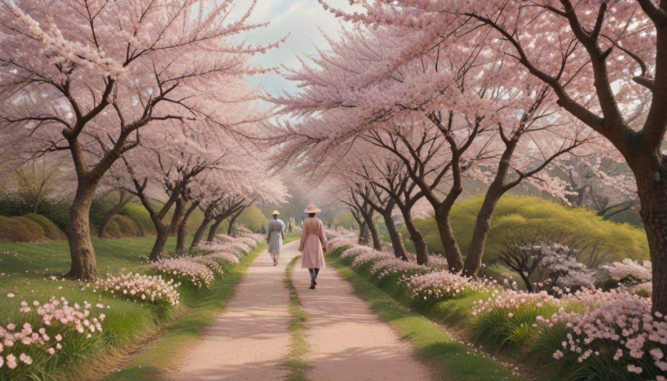 Sakura path peaceful walkers - Serene Sakura Path in Soft Pa...