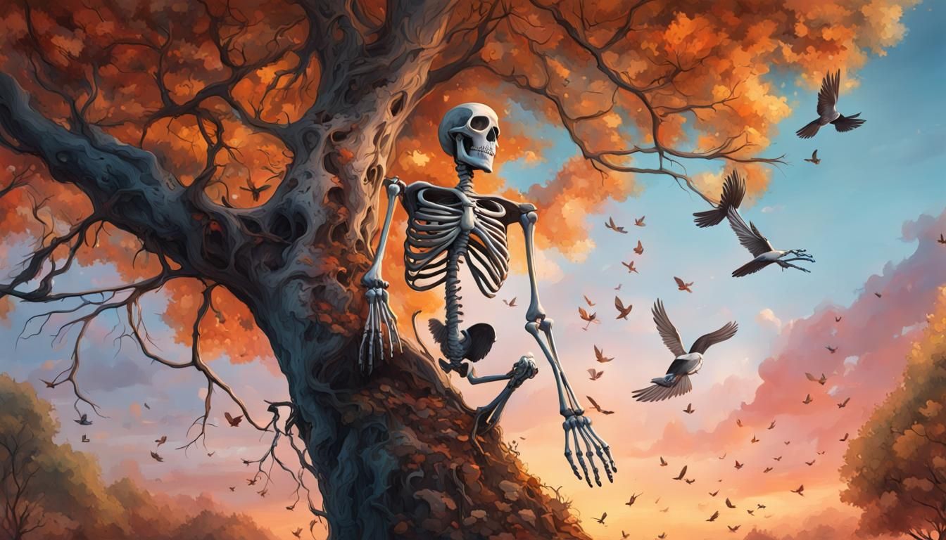 a skeleton comes to help birds stuck in a tree, the scene is benevolent ...