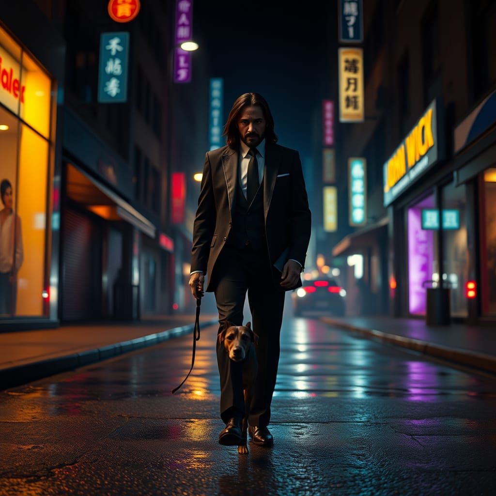 John Wick walking confidently down a dimly lit urban street at night ...