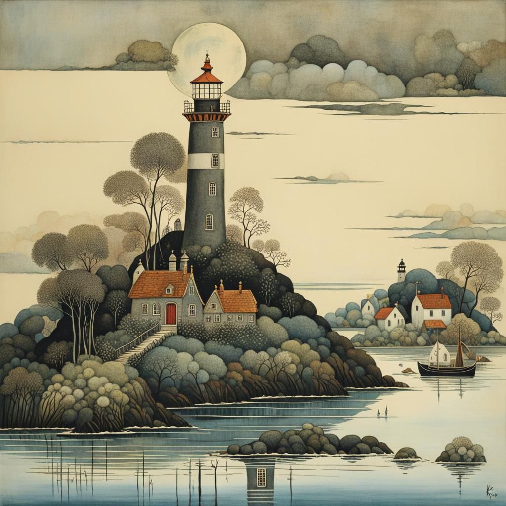 lighthouse on a small island with cute cottages, by Kay Nielsen, Arthur ...
