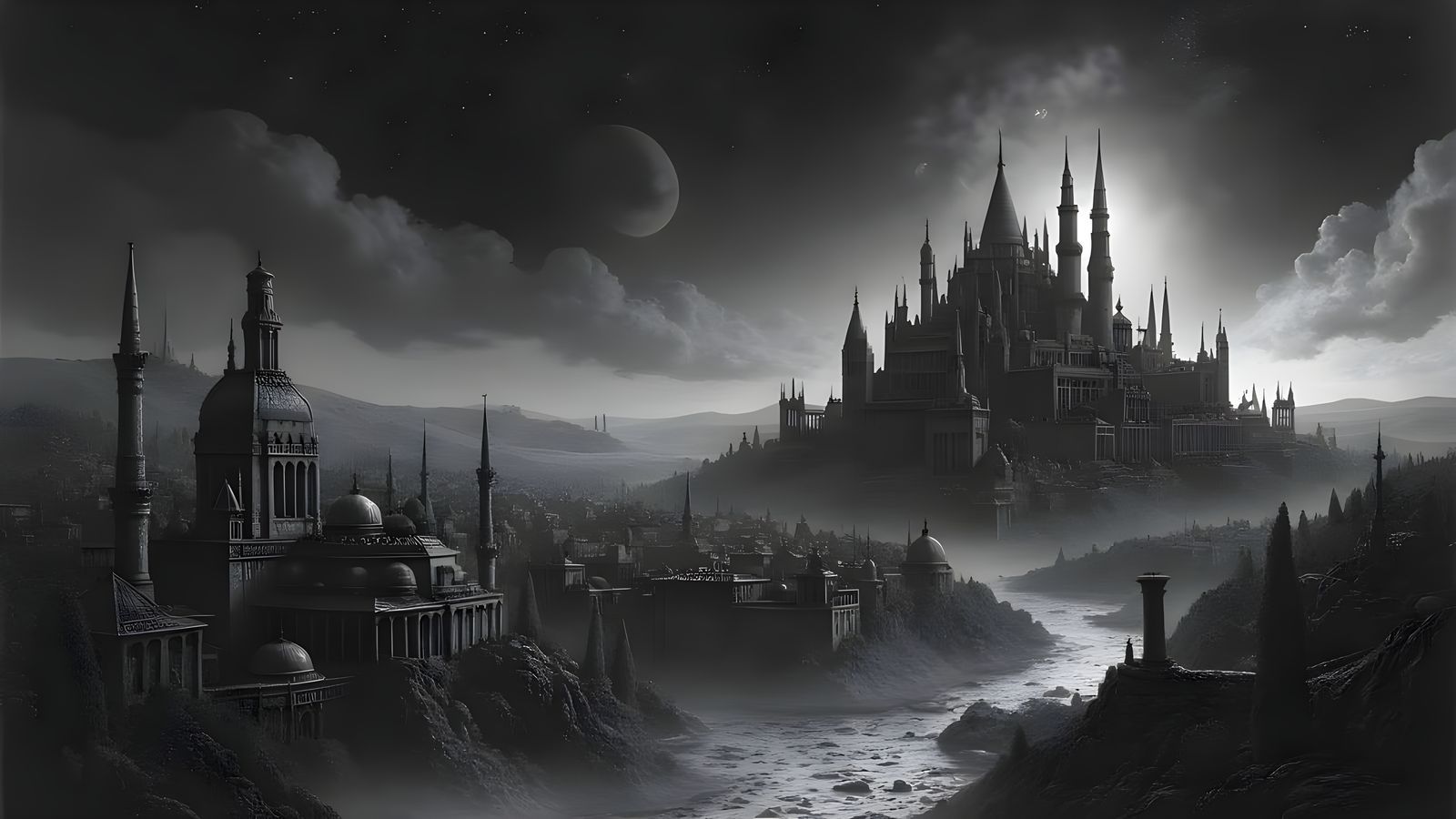 Lost Carcosa - Mysterious City Under Black Stars in Line Ar...