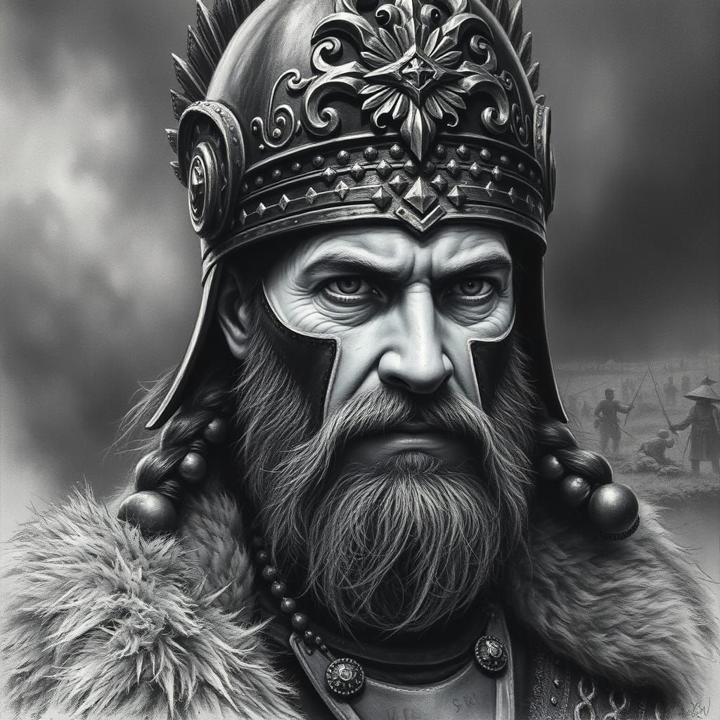 Ancient Warrior King in Charcoal Portrait - AI Art