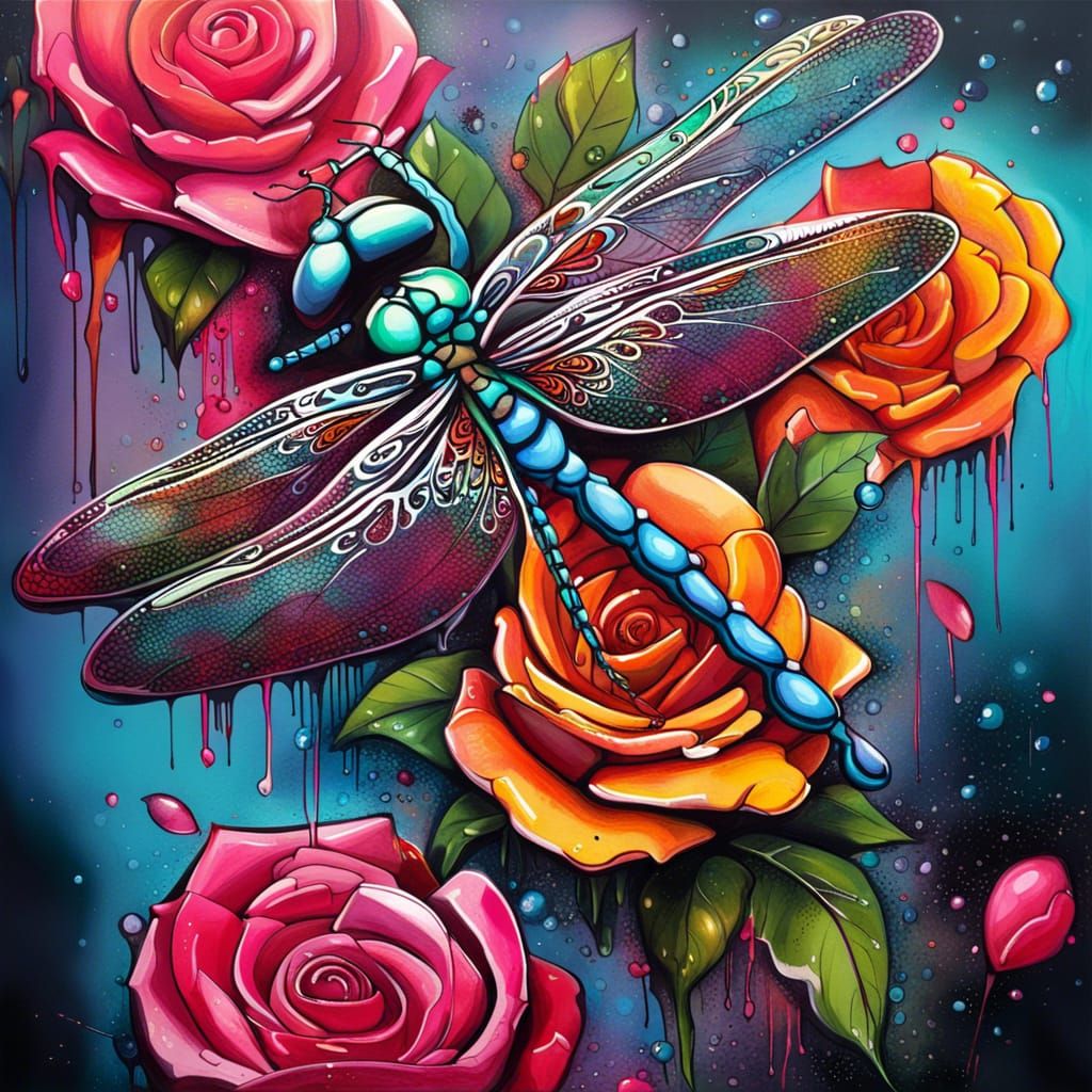 Whimsical beautiful dragonfly perched on a rose, intricately designed ...