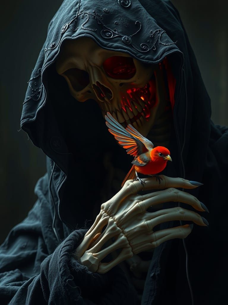 Close up profile of a grim reaper-type skeletal creature with a gaunt face and sunken eyes ...