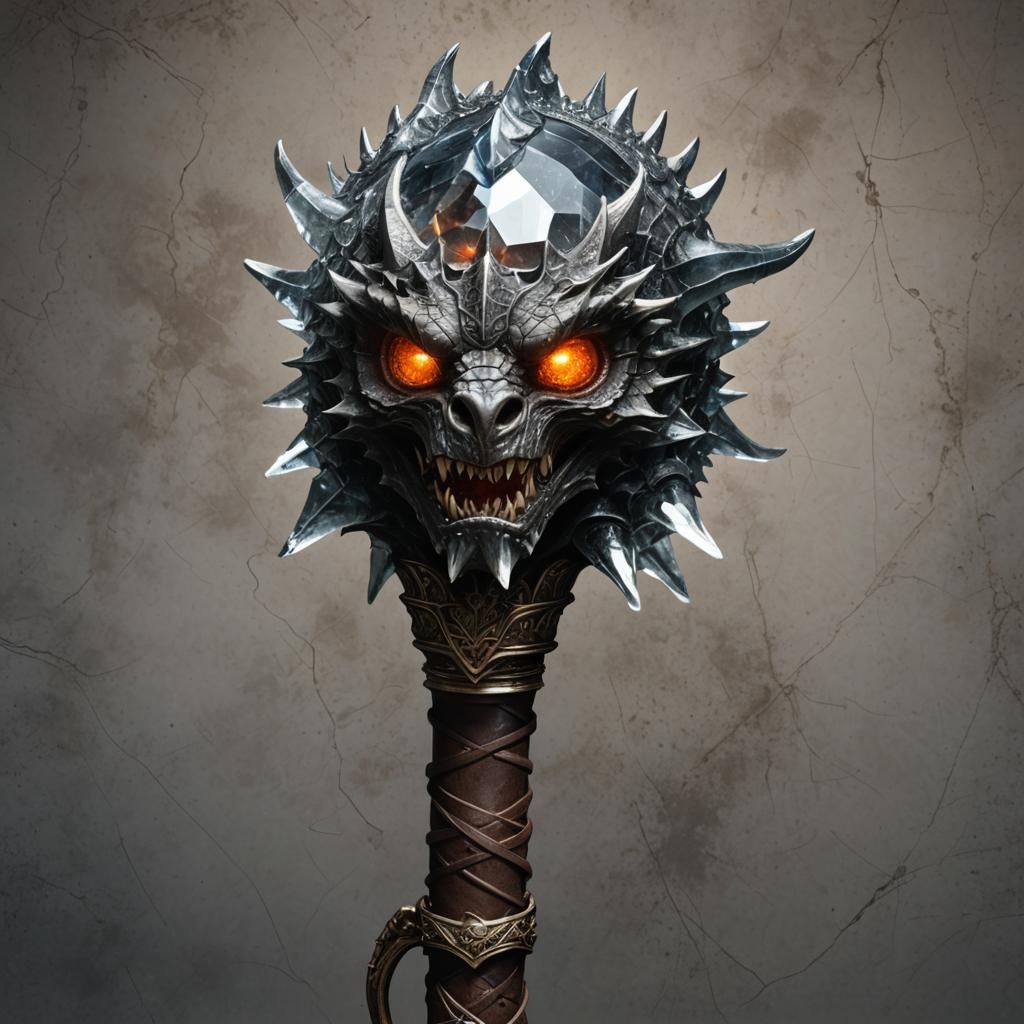 A hyper realistic digital matte of a large mace with a dense crystal ...