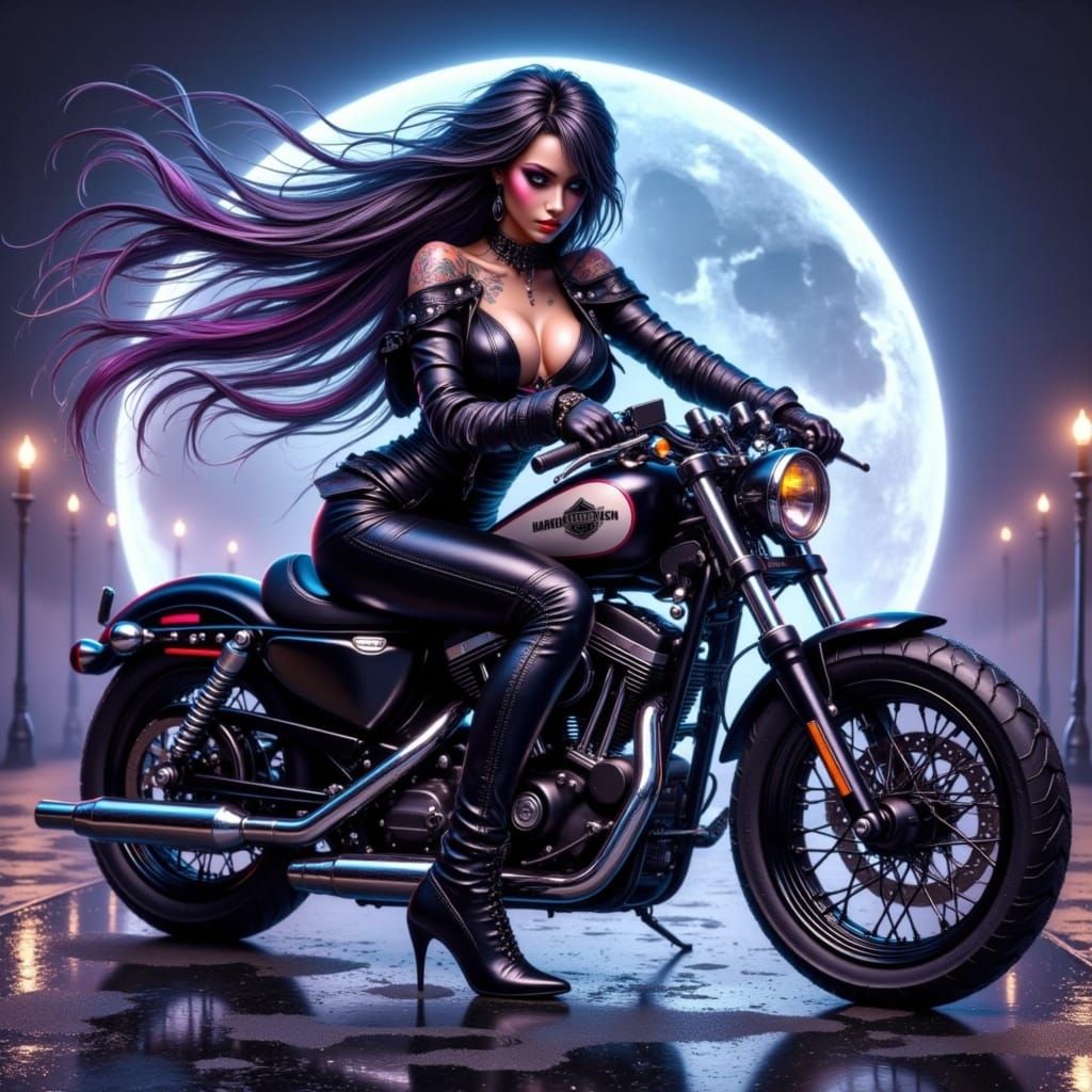 Confident Biker Babe in Black Leather on Harley Mo... - AI Art