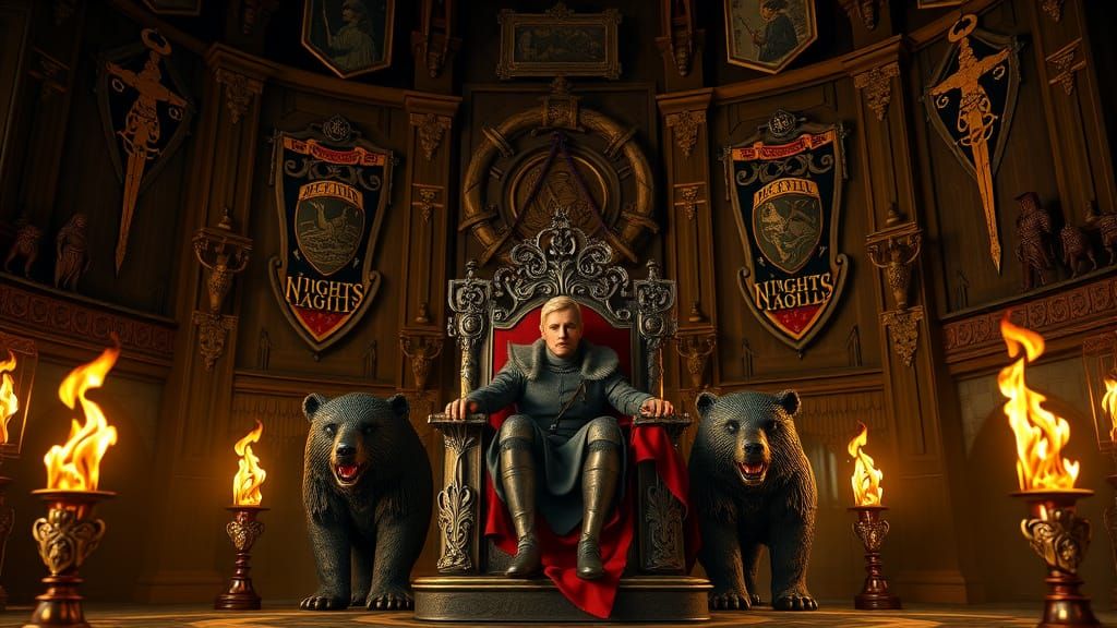 Knights' Hall, a royal throne at the head, a trophy of a mythical bear ...