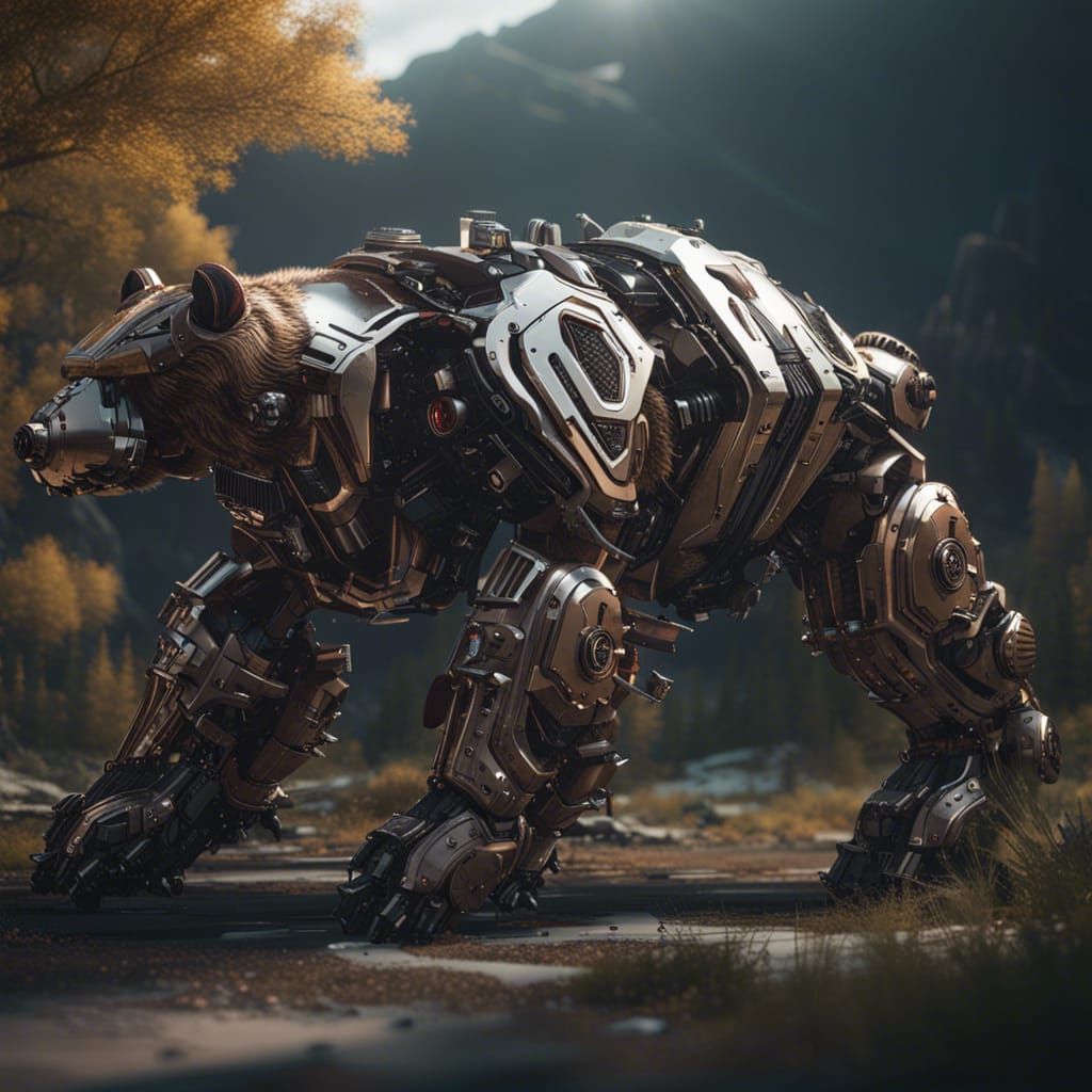 countryside grizzly bear horror but spontaneous intricate mech details ...
