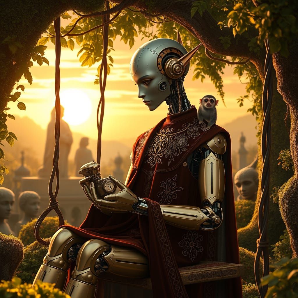 Ethereal Steampunk Android in Sunset Garden - AI Art