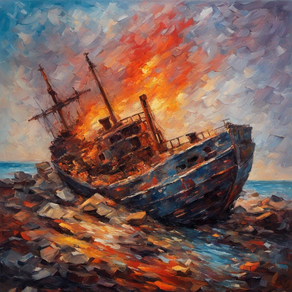 Impressionism ship wreck, fire, rocks, destruction - AI Generated ...