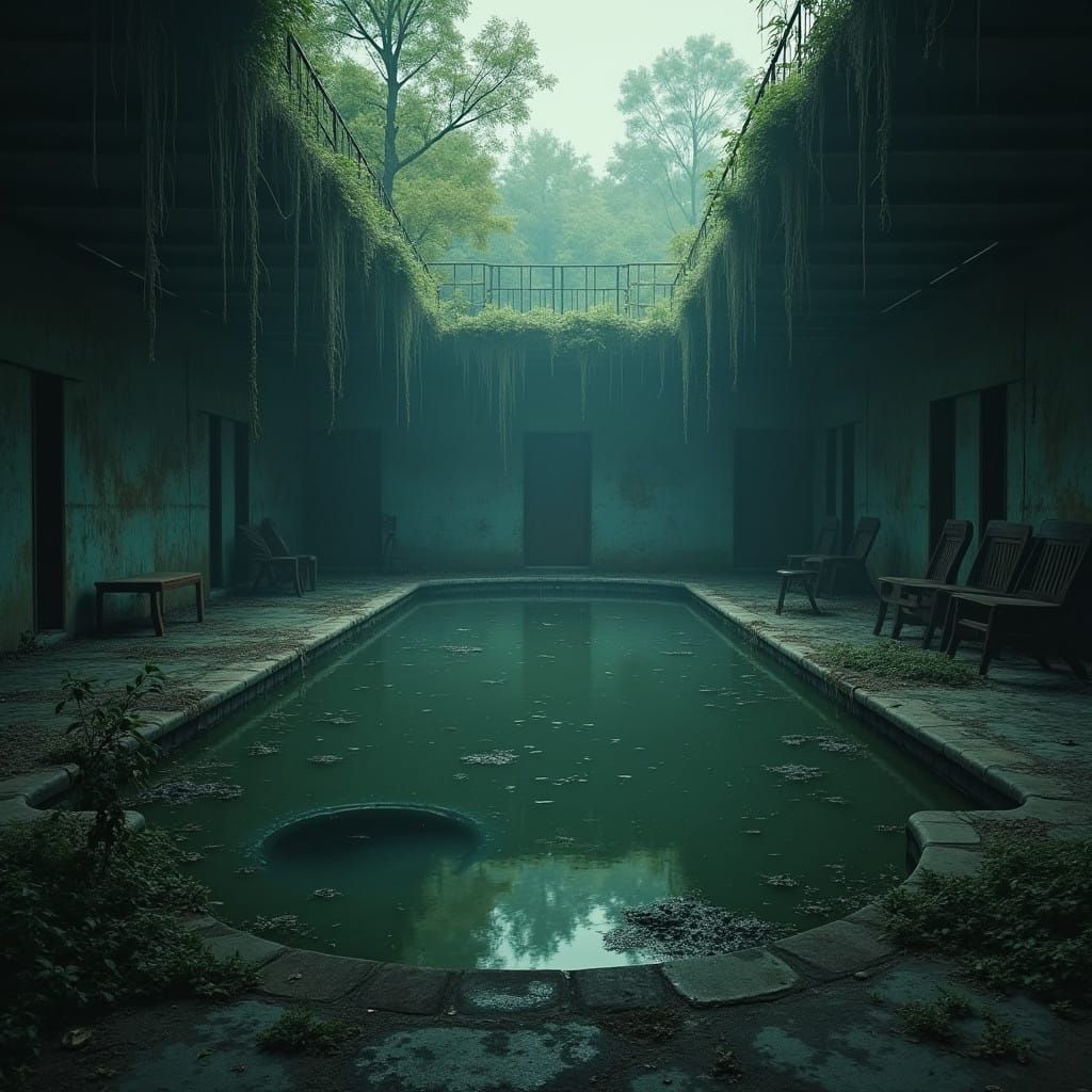 Abandoned Pool Liminal Space Eerie Horror Scene in... - AI Art