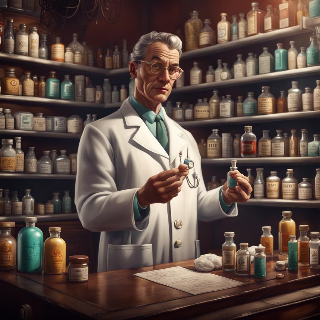 In the style of 1950’s medical advert, draw a pharmacist holding ...