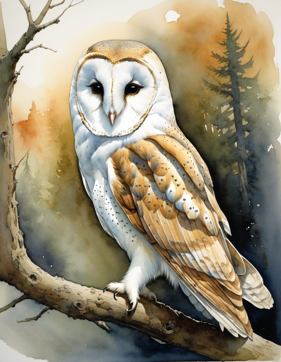 barn owl - Whispering Barn Owl in Watercolor Dreamscapes