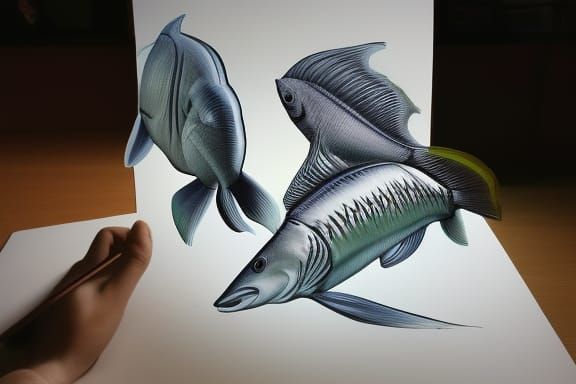 3D drawing of fishes, seems like they're floating, great shadowing and ...