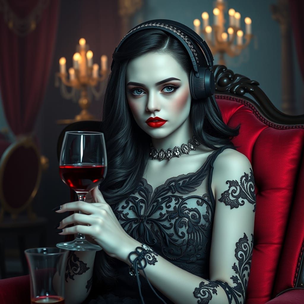 Bloody Nosferatu headphone woman portrait. Beautiful vampire girl with ...