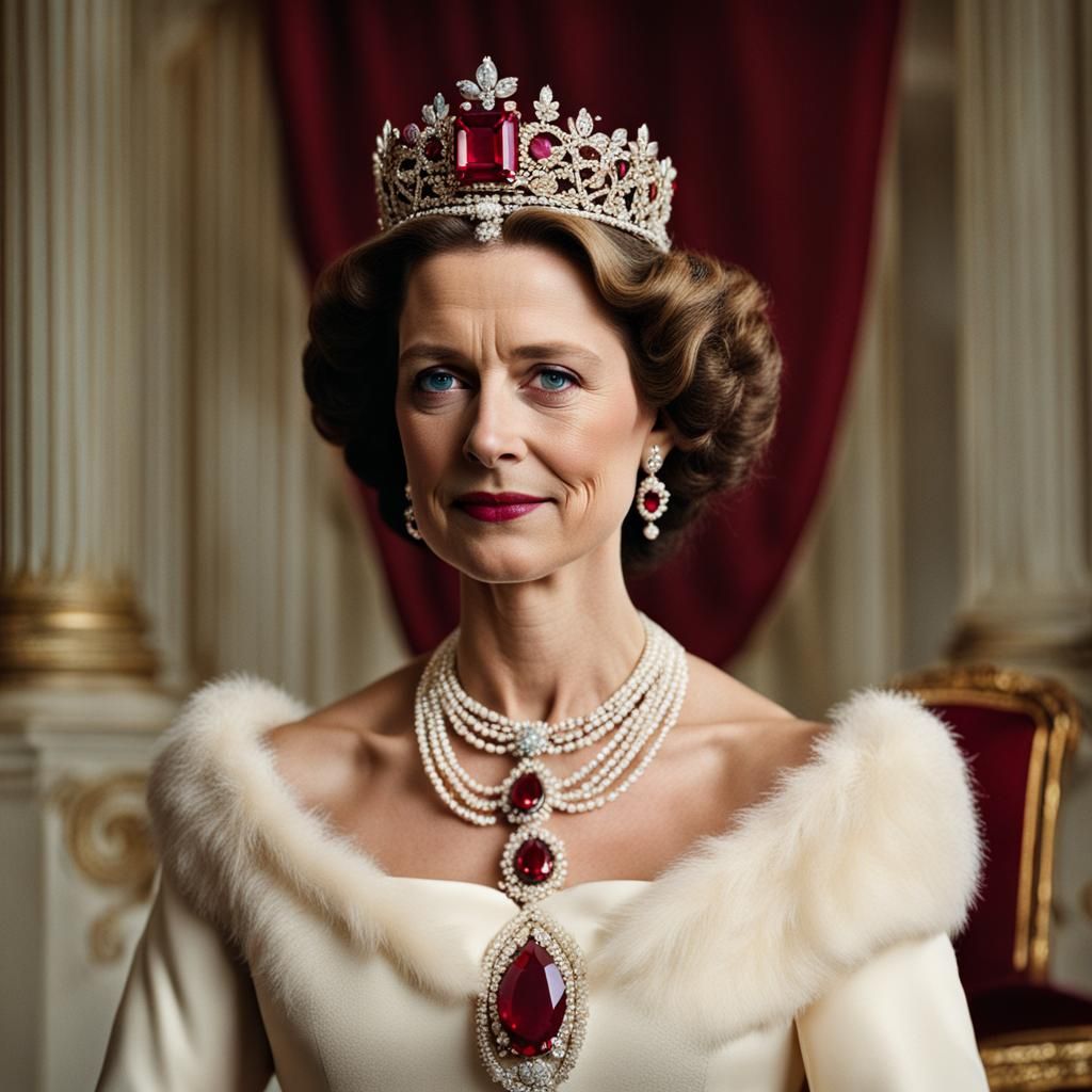 Queen wearing ivory gown with big Ruby tiara and jewellery - AI ...