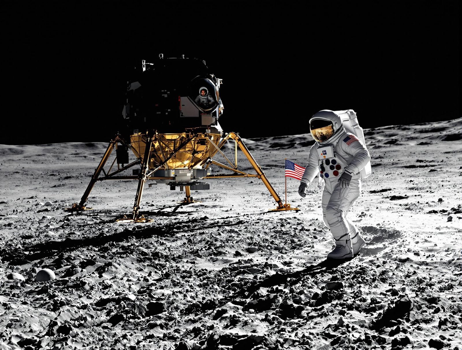 Photorealistic picture of Appollo 11 landed on the moon. The stark ...