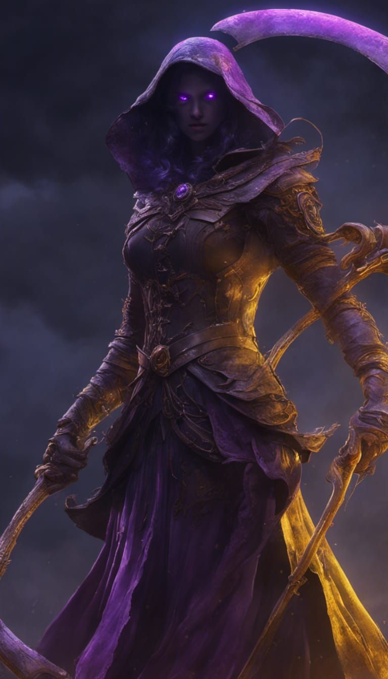 shadow spirits (with violet eyes), wielding a scythe, in HD, portrait ...