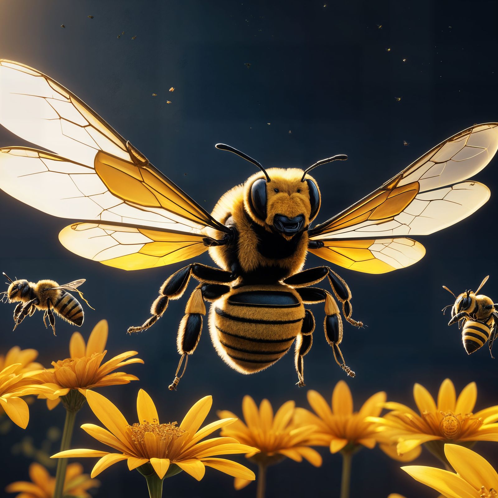 queen bee flying with her male bees to save the world