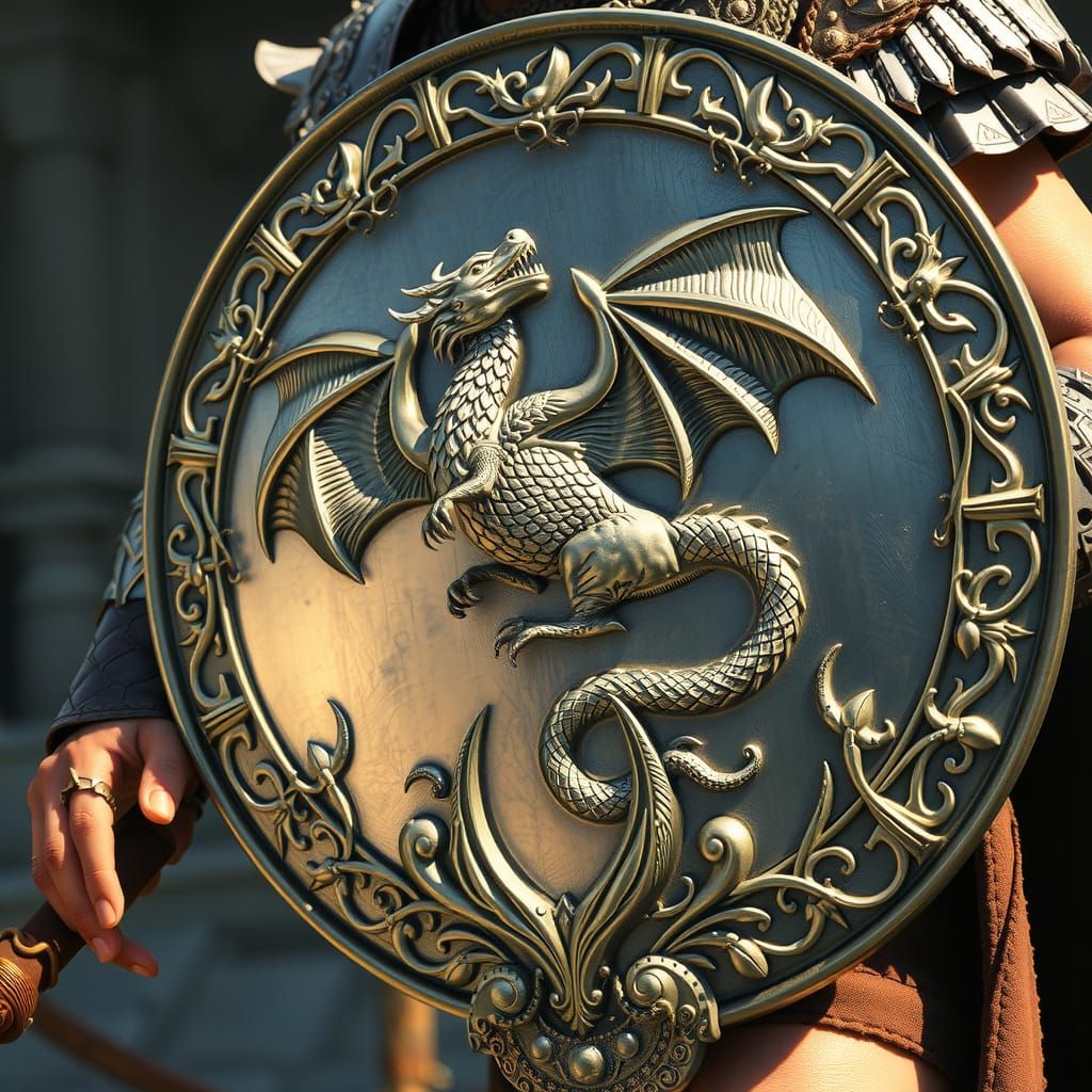 Photorealistic picture of a full height intricate tower shield hold by ...