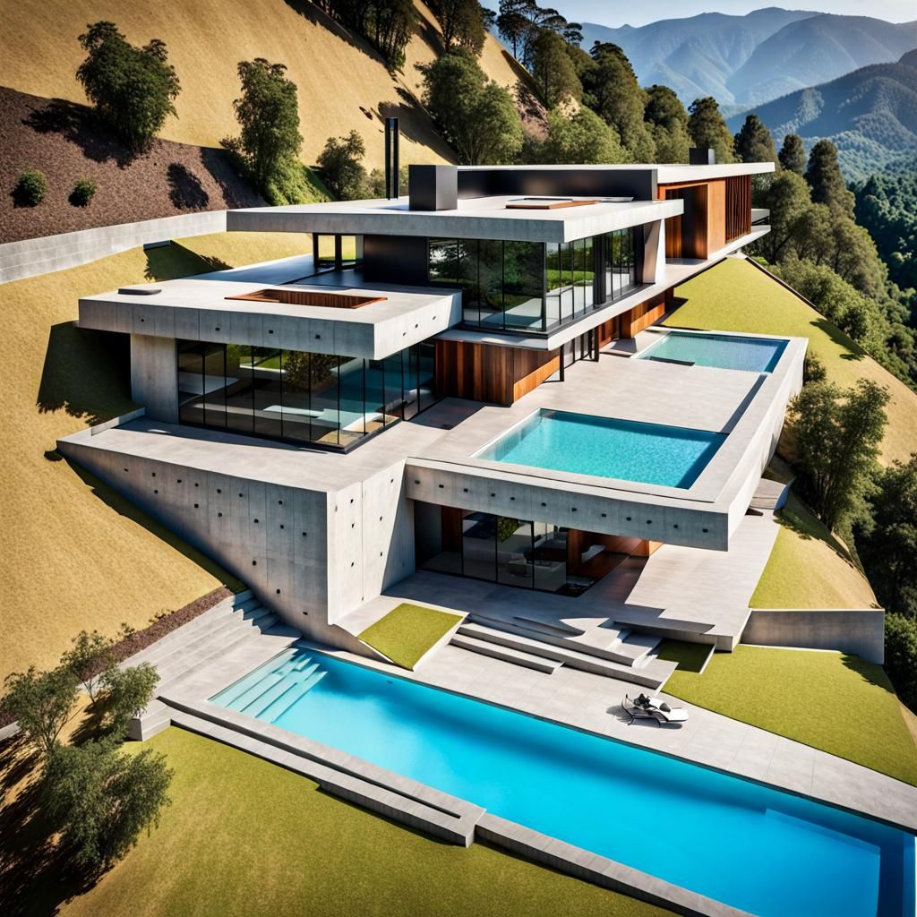 onestorey wood and concrete bauhaus house in the hills. pool. mountain ...