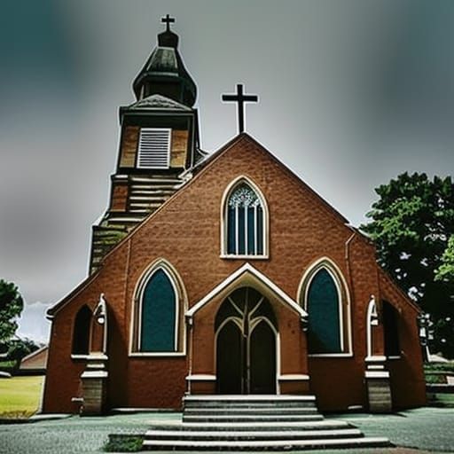 create an realistic fotography of a front view of an antique church ...