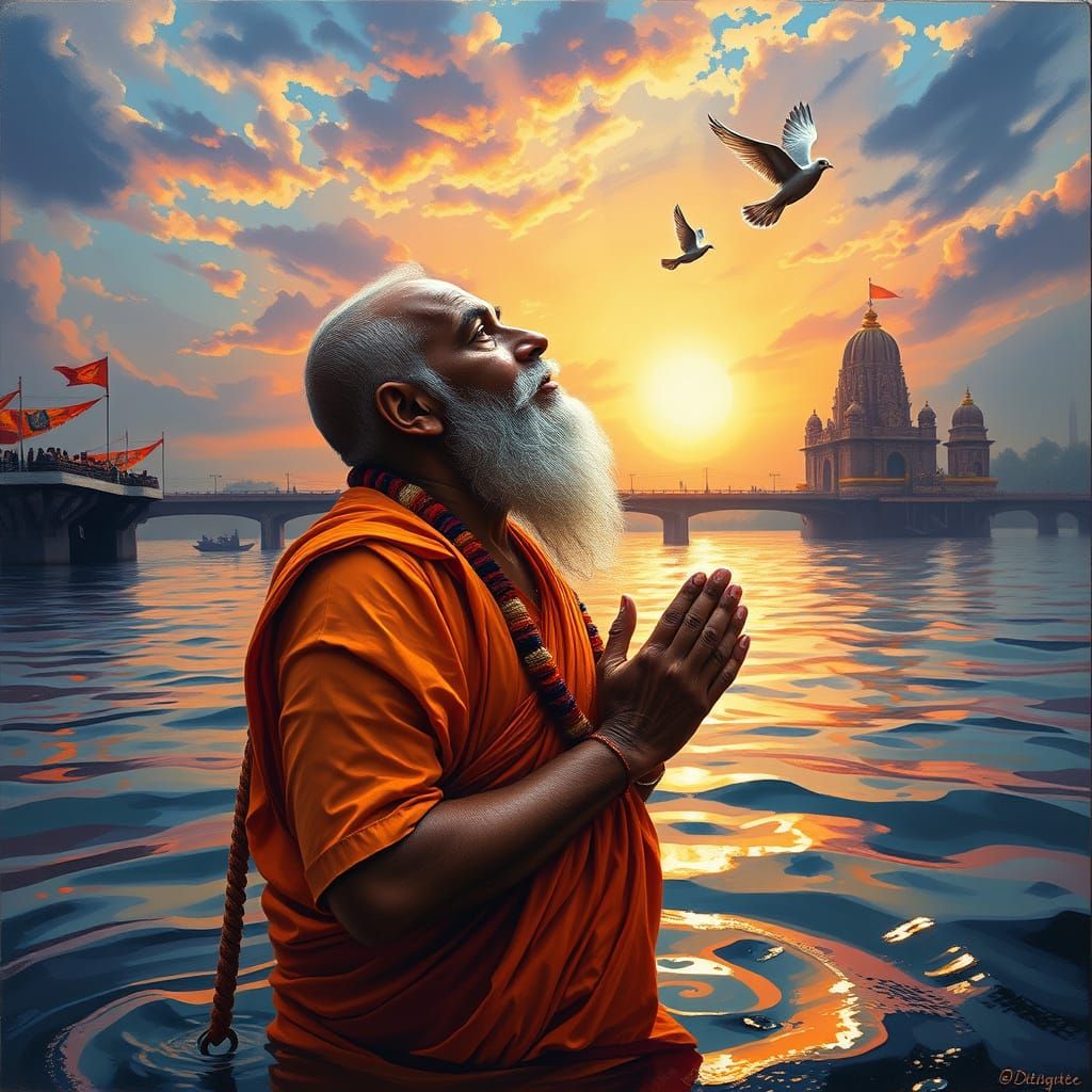 Hindu priest starts his day - Hindu Priest in Devout Meditat...