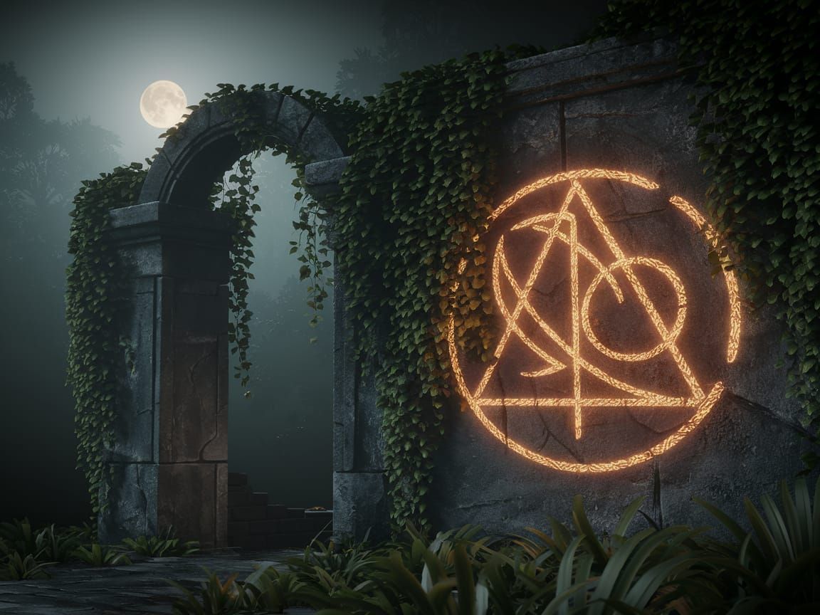 Ancient ruin overgrown with lush, verdant vines and mosses stands ...