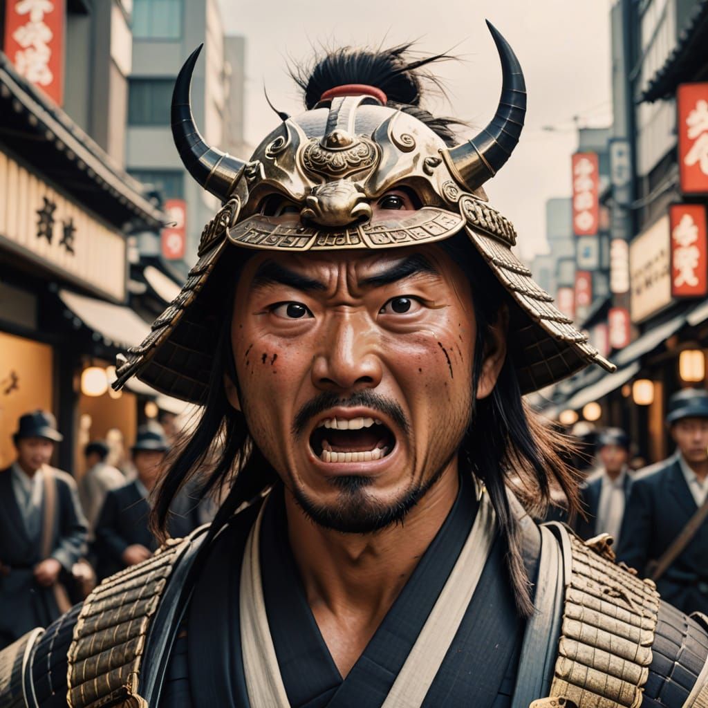 Samurai in Modern Tokyo, Shaken and Awestruck - AI Art