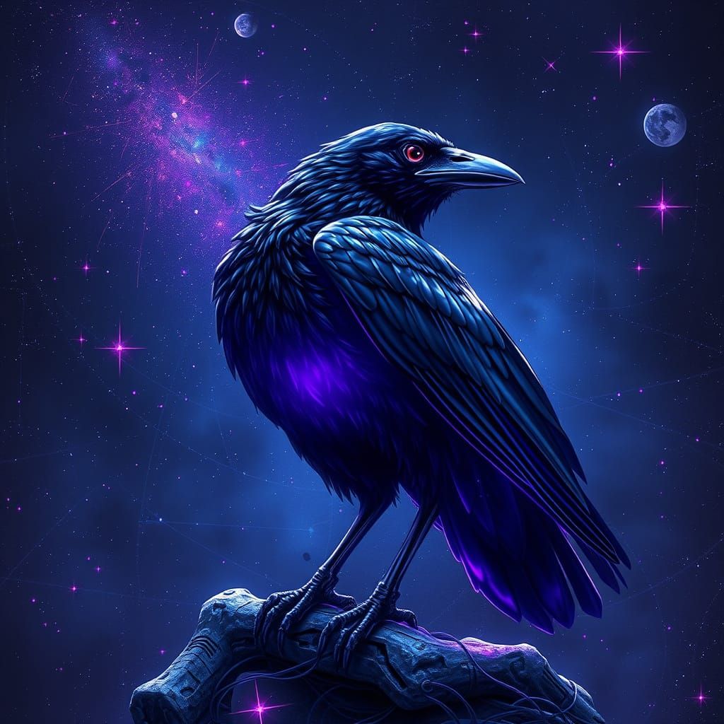 Cyberpunk Raven in Dystopian Space Galaxy - AI Art
