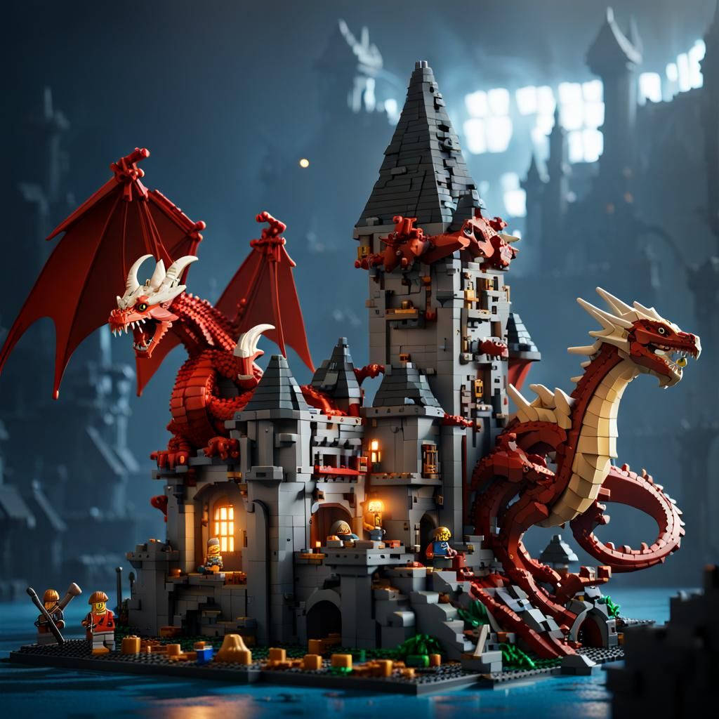 Lego dwarf castle being attacked by Lego dragon a masterpiece, 8k ...